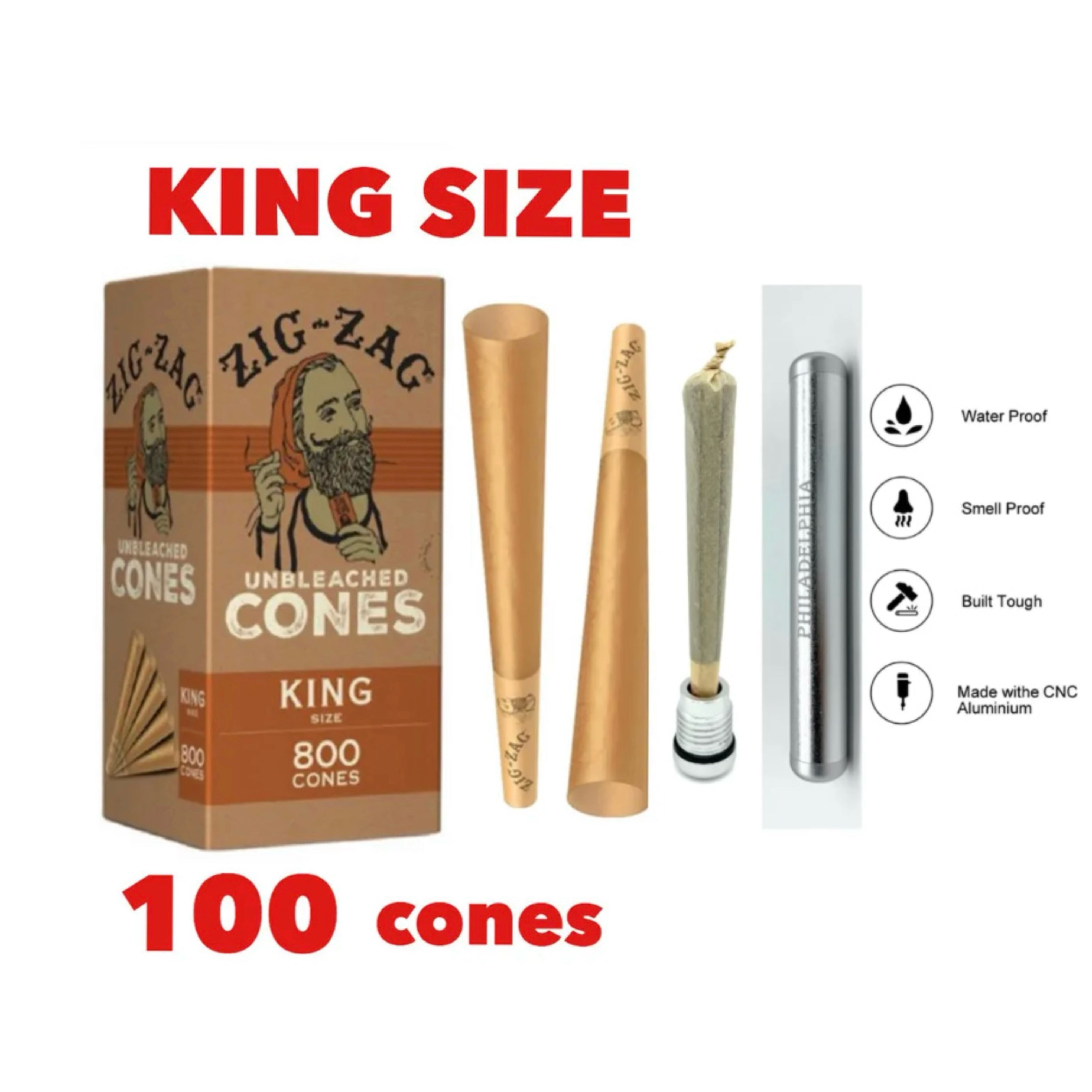 Zig zag unbleached king size pre rolled cones + aluminum water and sme ...