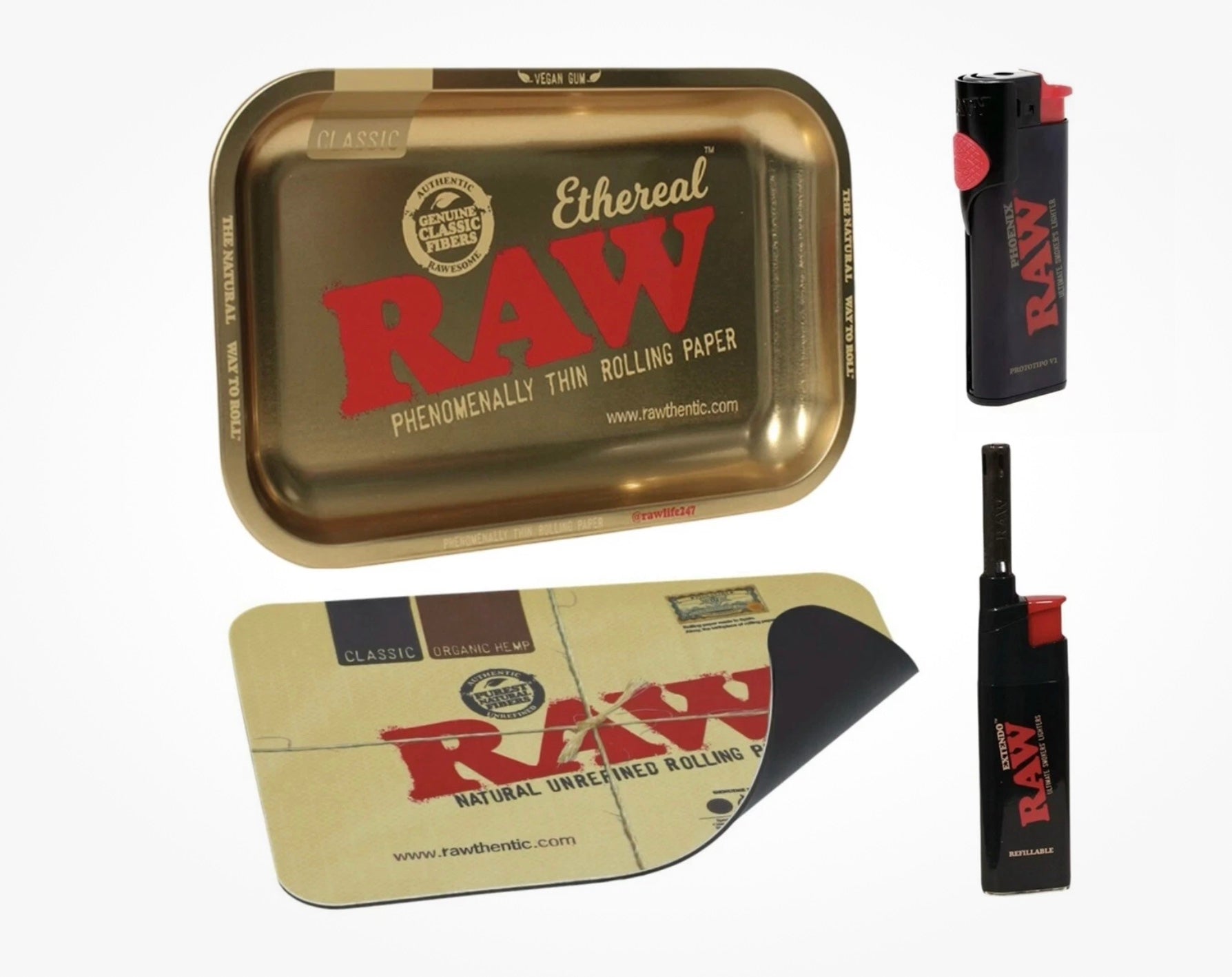 RAW Ethereal Gold Rolling Tray+Raw Magnet Lid+Raw Phoenix Lighter+ Raw ...