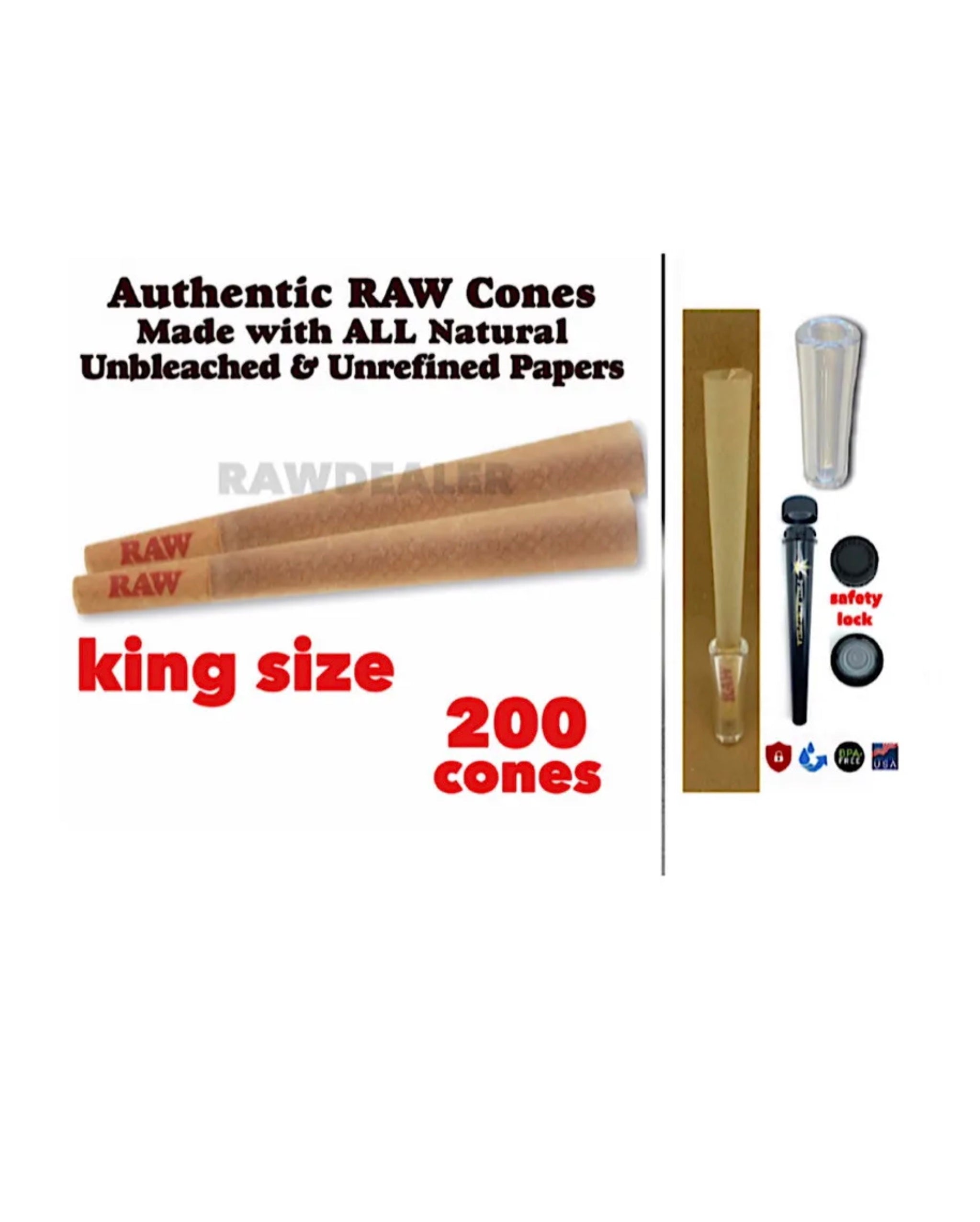 Raw classic King Size cone pre rolled (200pk, 100pk & 50pk) + glass co ...