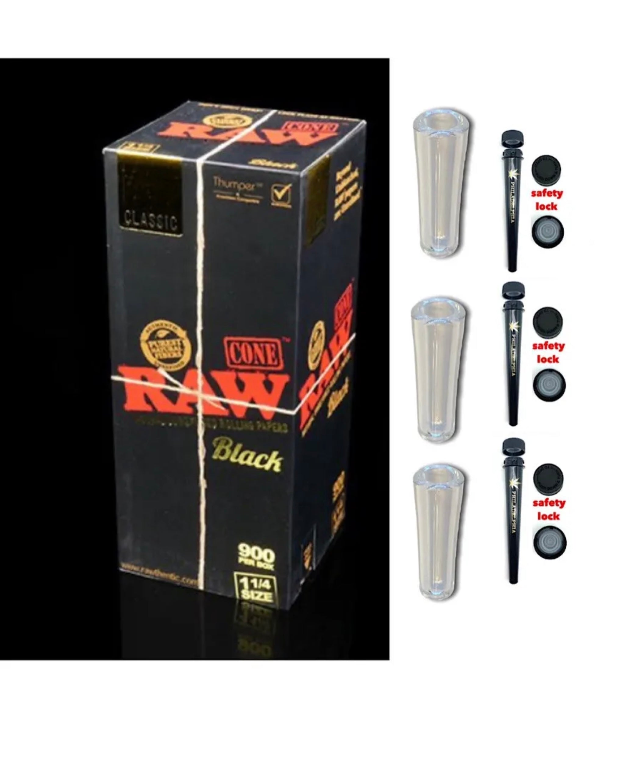 RAW BLACK classic 1 1/4 size pre rolled cone FULL BOX 900+3X tube+3X g ...