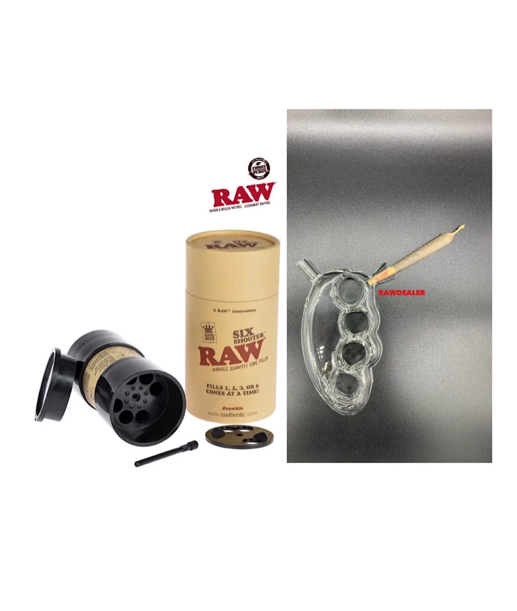 Raw 6 six Shooter filler king size + glass knuckle cone bubbler smoke ...