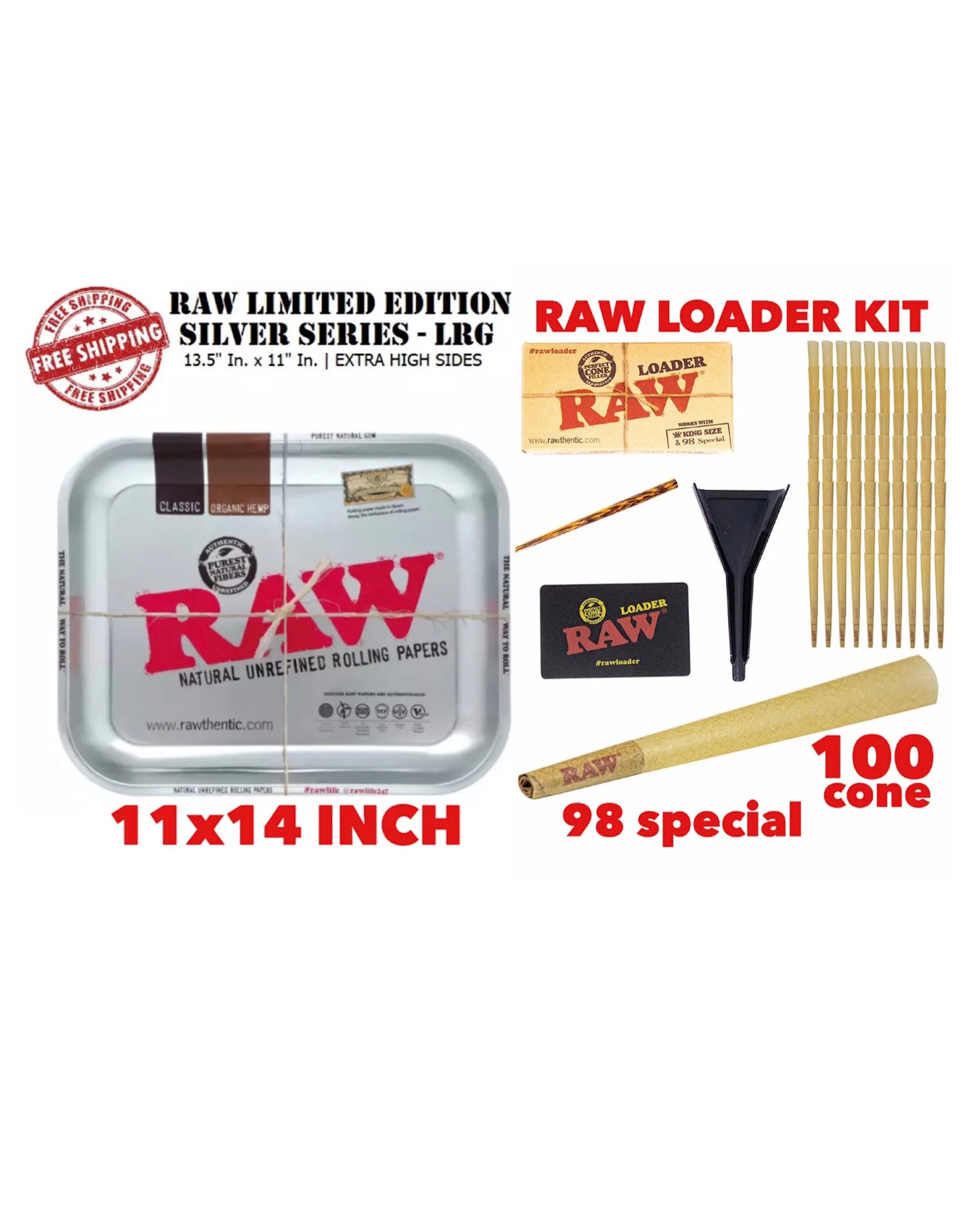 raw rolling metal tray(SILVER)large+raw 98 special size cone(100 pack ...
