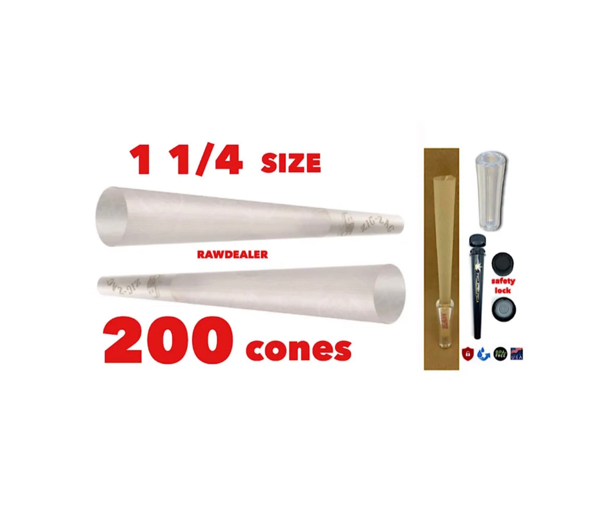 Zig Zag ultra thin 1 1/4 size Cone +safety lock tube+glass cone tip ...