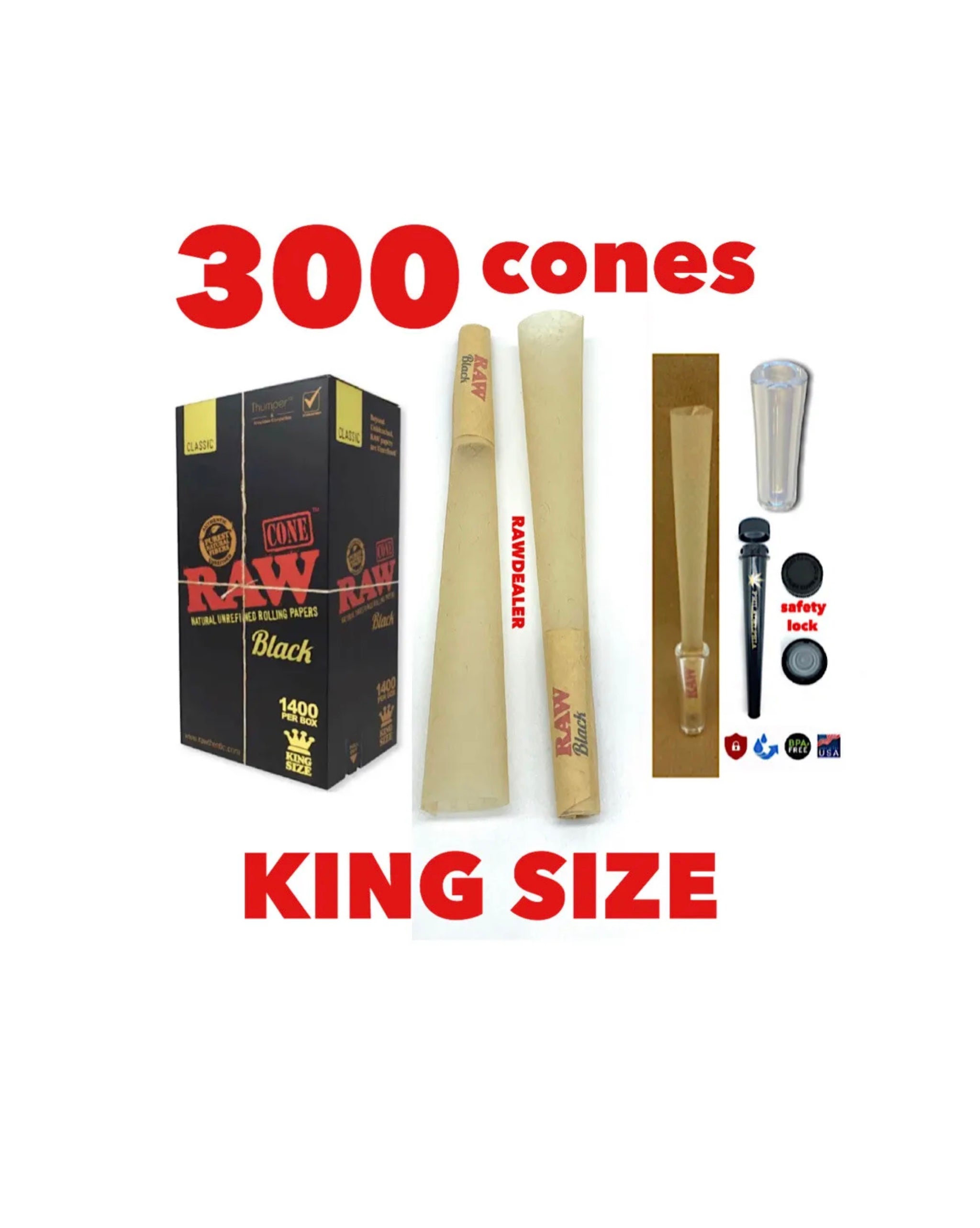 RAW BLACK king size cone(300pk, 200pk, 100pk, 50pk)+glass cone tip+phi ...