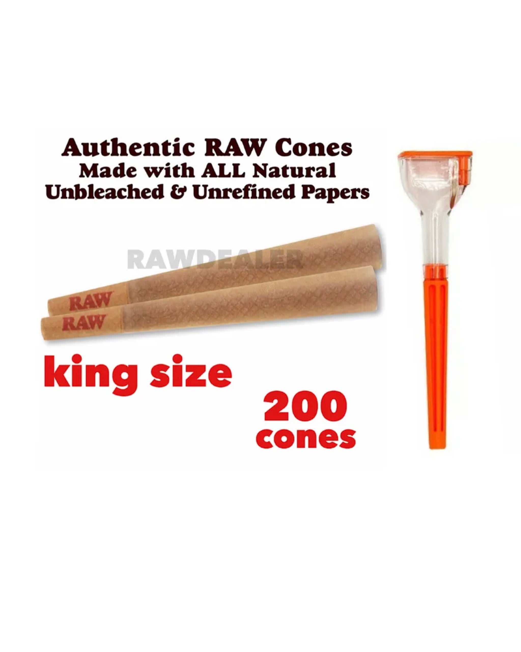 RAW Classic King Size Pre-Rolled Cone(200pk, 100pk, 50pk)+cone maker r ...