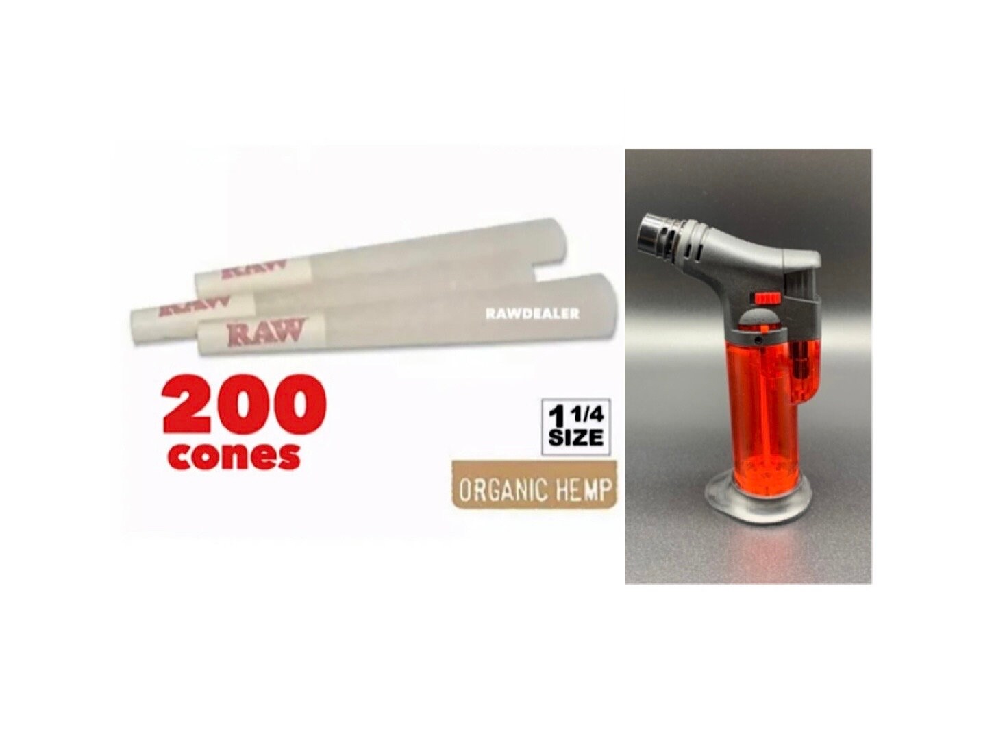 RAW organic pre rolled cone 1 1/4 size 50pk | 100pk | 200pk + jet flam ...